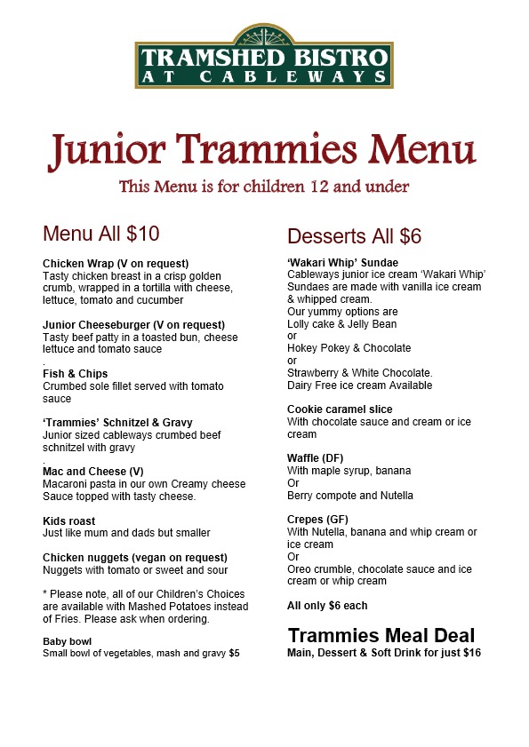 Junior Trammies menu - Cableways