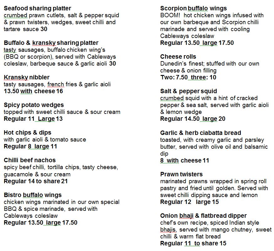 Snacks menu - Cableways